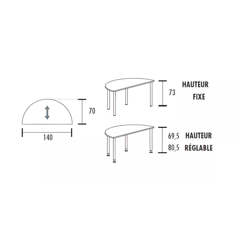 Table polyvalente demi-ronde - Hauteur fixe ou réglable